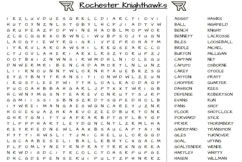 KNIGHTHAWKS WORD SEARCH | Rochester Knighthawks - rochesterknighthawks.com
